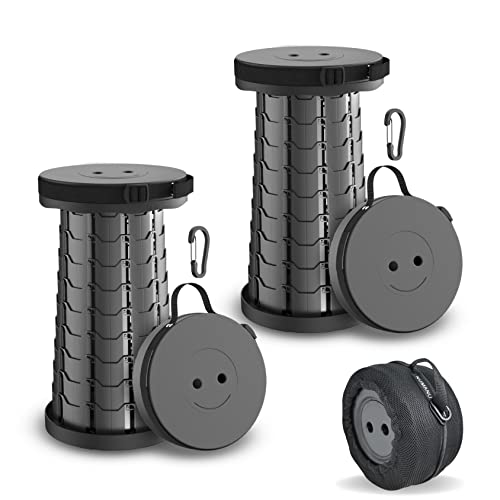 NUMANU New-Gen Collapsible Stool 2-Pack w/Carabiner Clips - Lightweight, Sturdy, Portable, Adjustable Telescoping Compact Folding Chair or Foot Rest for Travel, BBQ, Camping, Queue - Max 400lbs