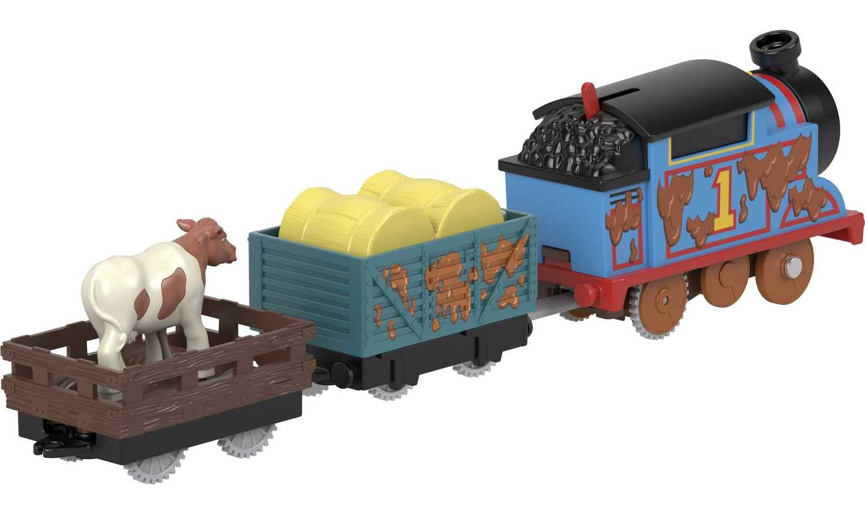 Thomas & Friends Motorized Toy Train Muddy Thomas Engine with Cargo Cars & Cow for Preschool Pretend Play Kids Ages 3+ Years