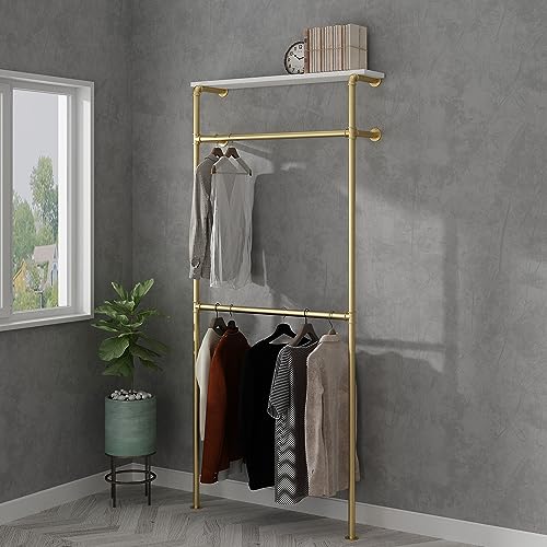 LANJIN Industrial Pipe Clothing Rack,Clothes Rack for Wardrobe, Bedroom and As Walk-in Closet System.Sturdy Clothing Racks for Hanging Clothes,Wall Mounted Heavy Duty Clothes Rack,Gold A
