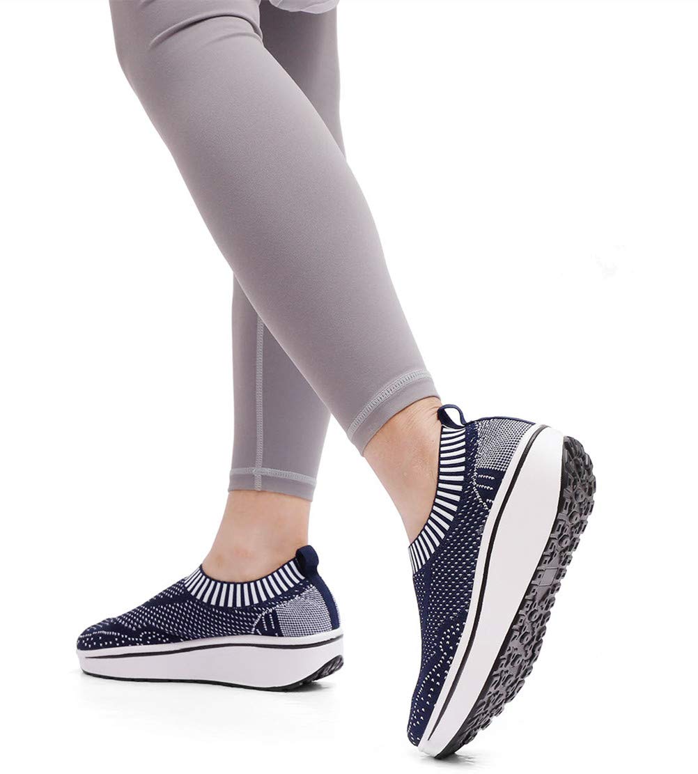 DADAWEN Women's Slip On Breathable Walking Shoes Comfort Fitness Wedge Platform Sneakers Navy US Size 7.5