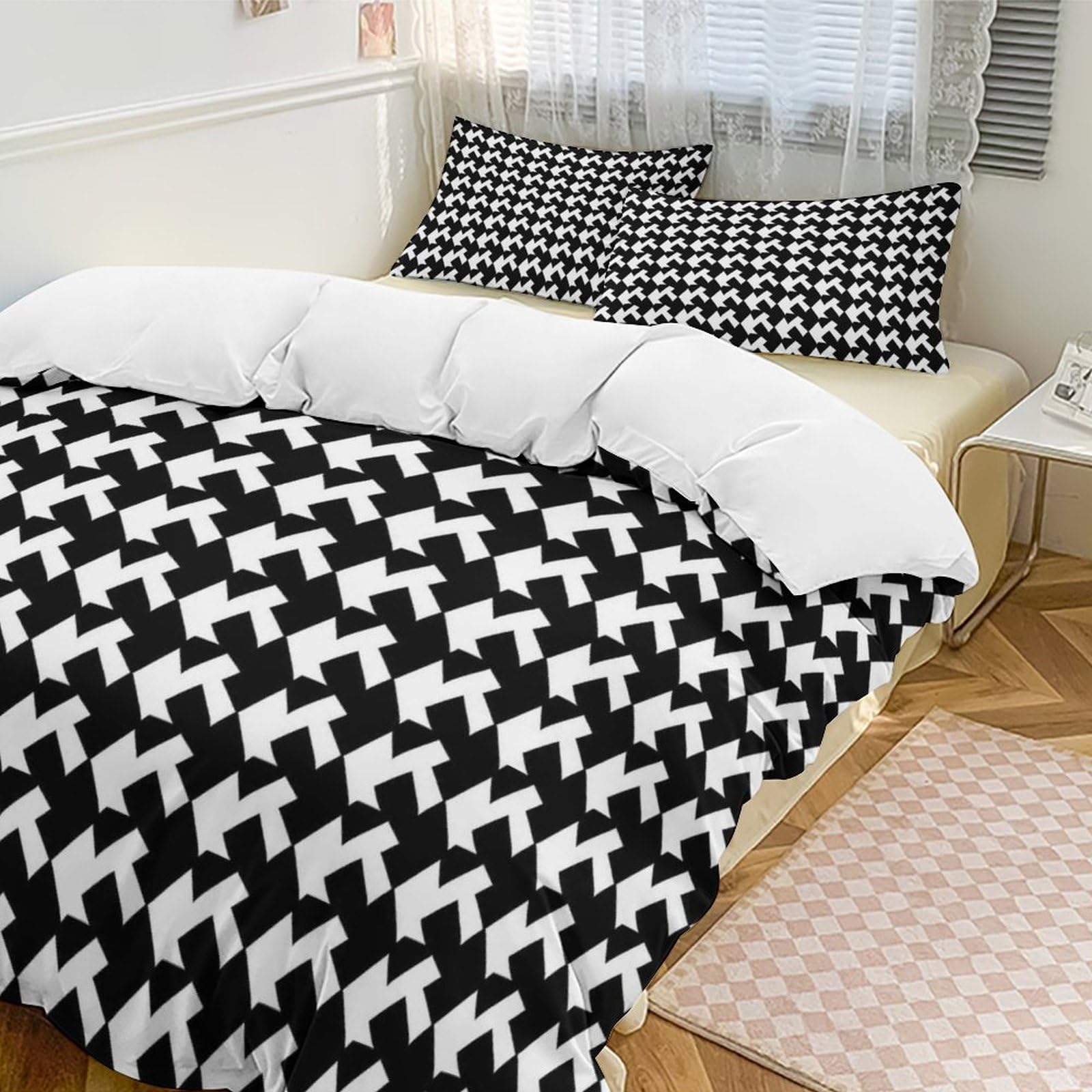 HotcoS Houndstooth Black Comforter Set Queen 3 Pieces Bedding Set Lightweight Soft Bedding Comforter Sets for All Season with 1 Duvet Cover 90""x90"" 2 Pillow Shams 30'' X 20'', Style
