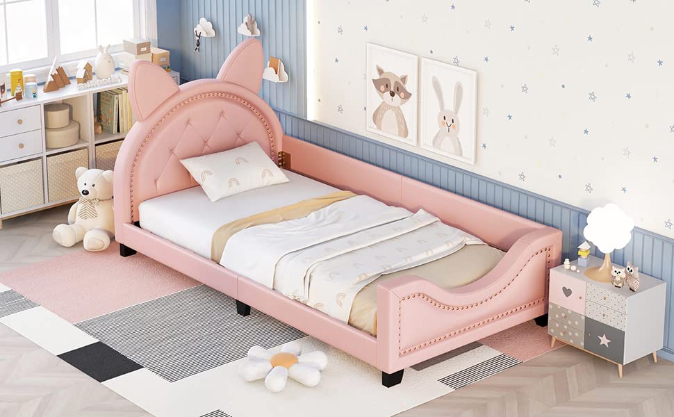 Harper & Bright Designs Twin Size Wood Platform Bed Frame with House-Shaped Headboard for Boys Girls Kids Toddler (Pink)