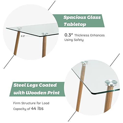 Tangkula Glass Dining Table, Modern Rectangular Table with Spacious Tempered Glass Tabletop & Wood Grain Steel Legs, Simplistic Kitchen Table, 51 x 27.5 x 29.5 Inch, Versatile Table for Home Office