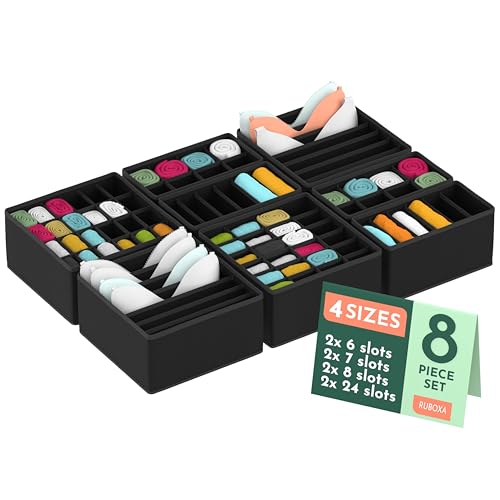 Dresser Organizer, [8 Pk] Black Fabric Dresser Drawer Organizers (4 Sizes With 90 Slots) Foldable Underwear Drawer Organizer Breathable Bins for Bra, Lingerie, Socks, Scarves, Belt, Tie, Baby Clothes.