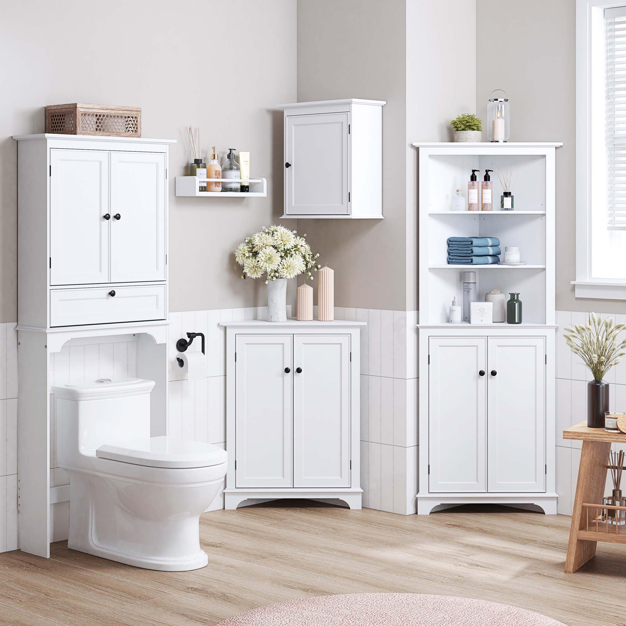 Spirich Floor Corner Cabinet with Doors and Shelves, Freestanding Bathroom Corner Storage Cabinet for Bathroom, Living Room, White