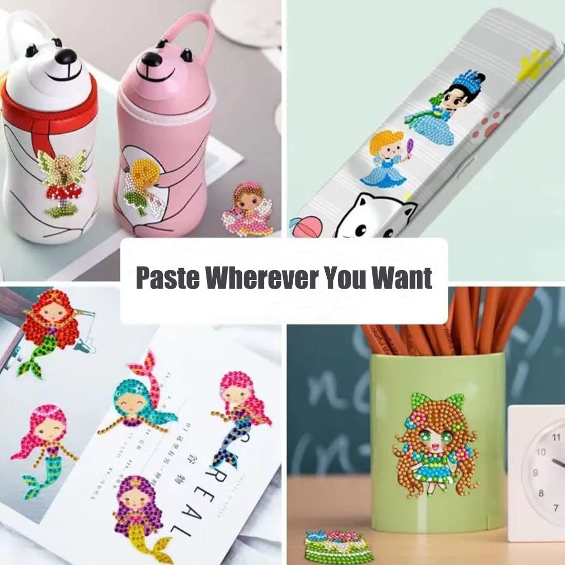 FLYSONG 5D DIY Diamond Art Stickers Kits for Kids, 24 PCS Cute Cartoon Princess Diamond Art Painting Stickers Beads Gem Making for Beginners Children