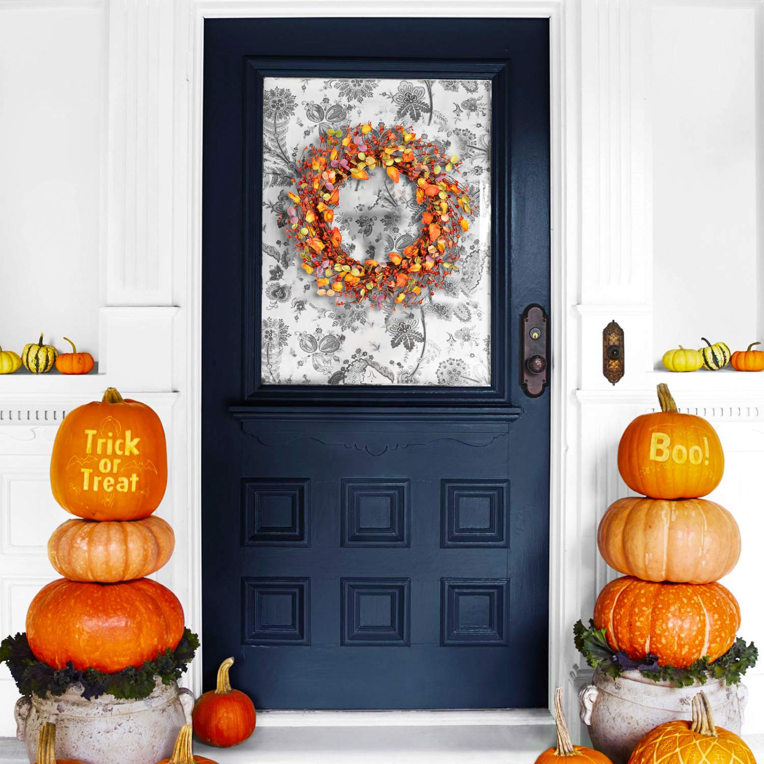 DearHouse Artificial Fall Wreath Red Berry Wreath,Clearance 18 inch Fall Maple Leaf Wreath for Front Door Fall Decorations