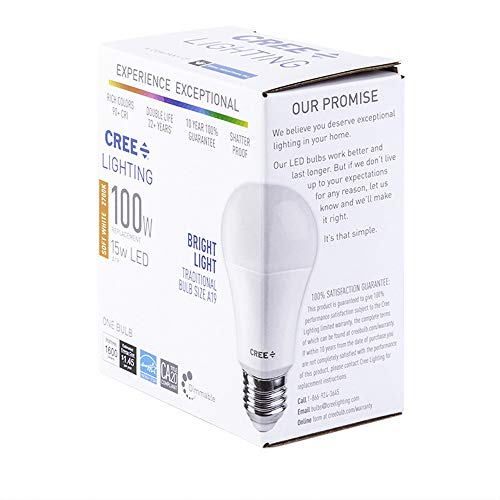 Cree Lighting A19 100W Equivalent LED Bulb, 1600 lumens, Dimmable, Soft White 2700K, 25,000 Hour Rated Life, 90+ CRI | 1-Pack