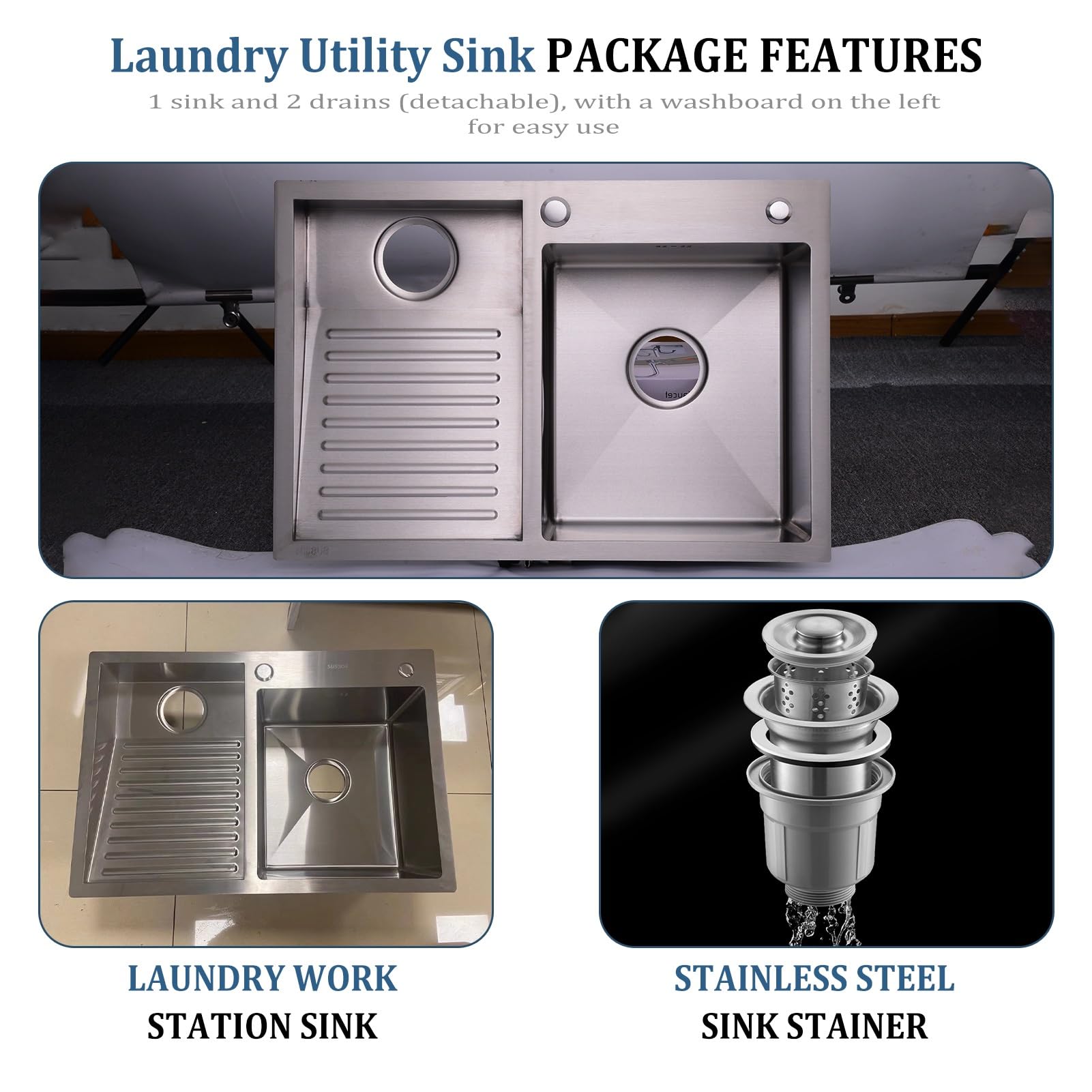 KOYGIMNDR Stainless Steel Laundry Tub Balcony Household Wash Basin with Washboard Kitchen Sinks Bathtub Single Bowl Easy to Clean Double Sink Laundry Pool (Color : Left, Size : 60x48cm)