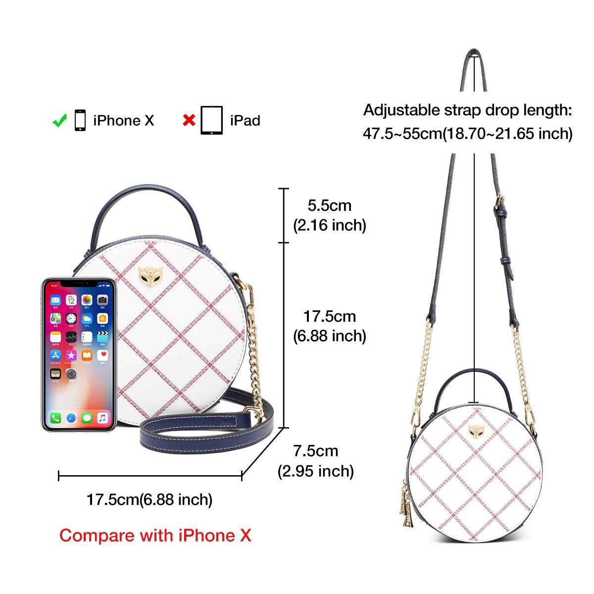 Split Cow Leather Women's Leather Round Crossbody Bags Female Cowhide Small England Style Circular Handbag Lady Shoulder Bags (white)