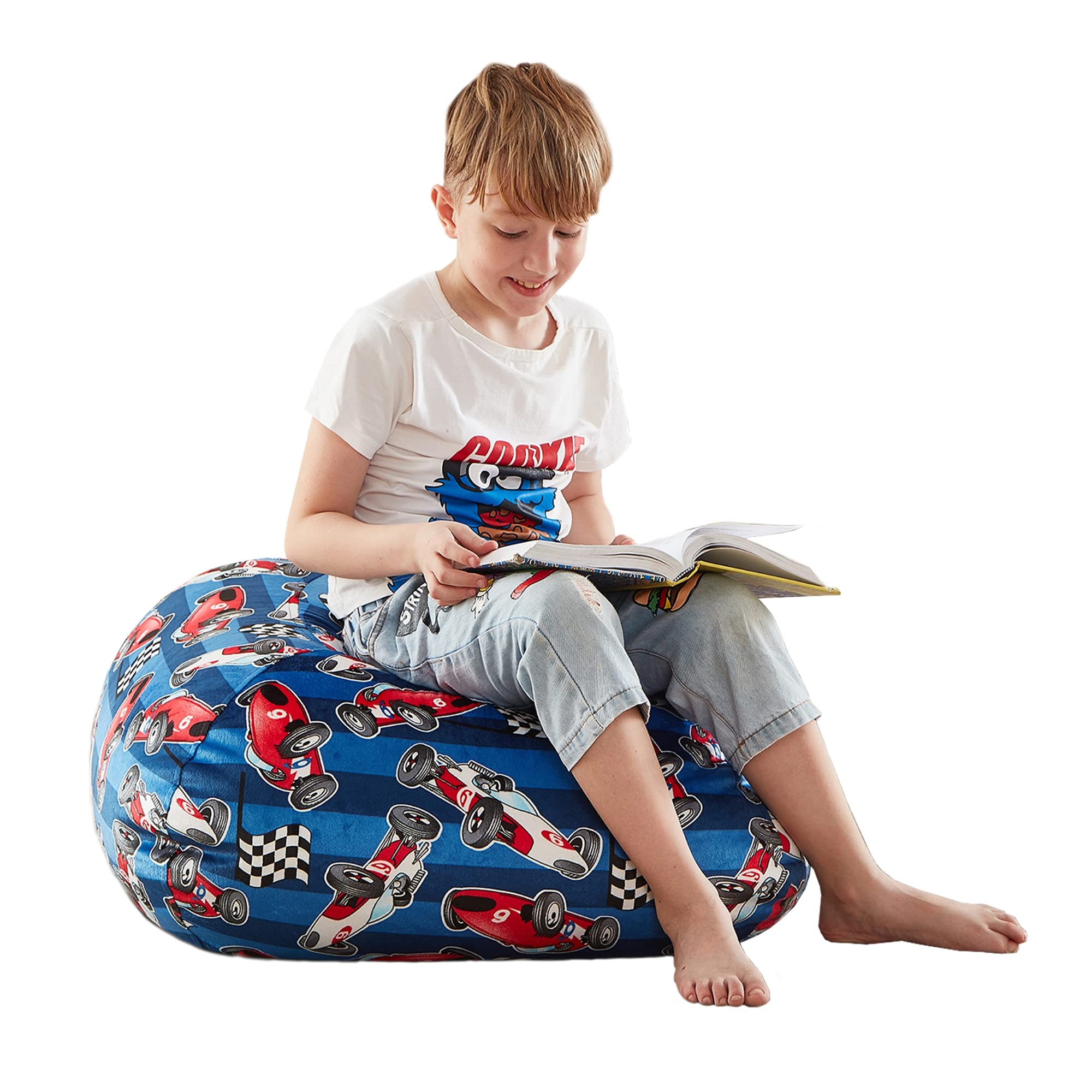 Loungie Stuffed Animal Storage Bean Bag - Stuffable Zipper Bean Bag Cover 32" x 32", Racecar Blue