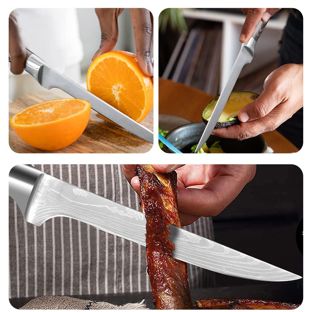 Fseoot Boning Knife Japanese High Carbon Stainless Steel Deboning Knife Professional Kitchen Chef Knife for Meat Fish Poultry Chicken with Ergonomic Handle (Brown)