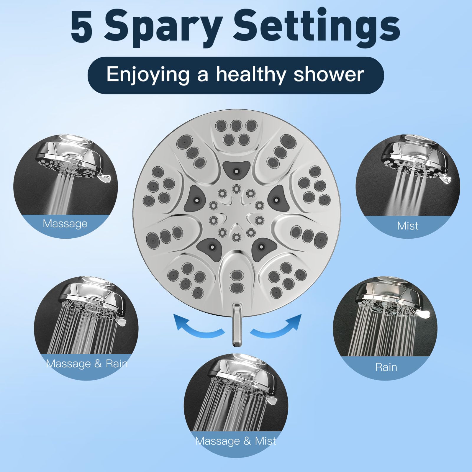 Drifop Filtered Shower Head, High Pressure Shower Head with Filters for Hard Water, Bathroom Water Softener Shower Head Adjustable Angle, 5 Spray Modes Fixed Showerhead (Chrome), BHS-001