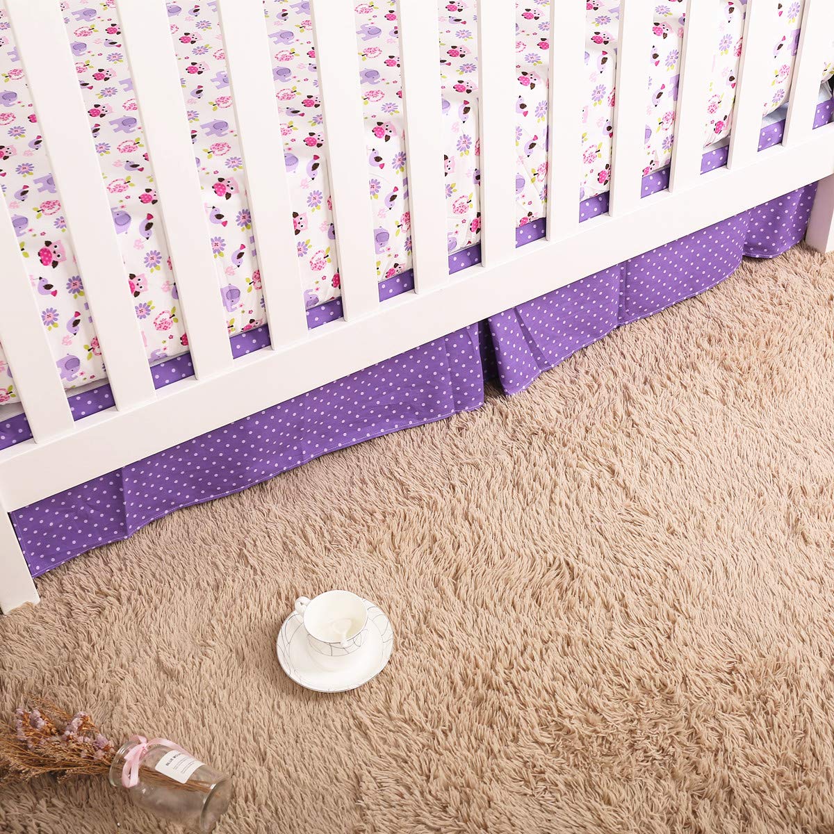 Crib Sets for Girls 3D Elephant Bird Crib Bedding Sets for Girls 3Piece Baby Nursery Bedding Purple White | Crib Comforter, Crib Sheet, Dust Ruffle