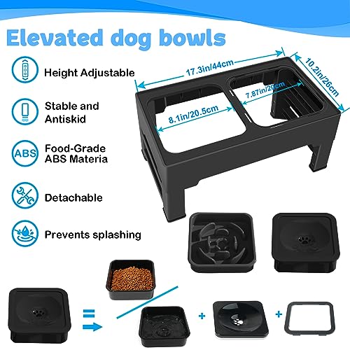 ikuso 2-in-1 Elevated Slow Feeder Dog Bowls 4 Height Adjustable Raised Dog Bowls with No Spill Water Bowl and Non-Skid Silicone Mat Non-Toxic Slow,Mess Proof,Non-Tip,Protect Dog Spine