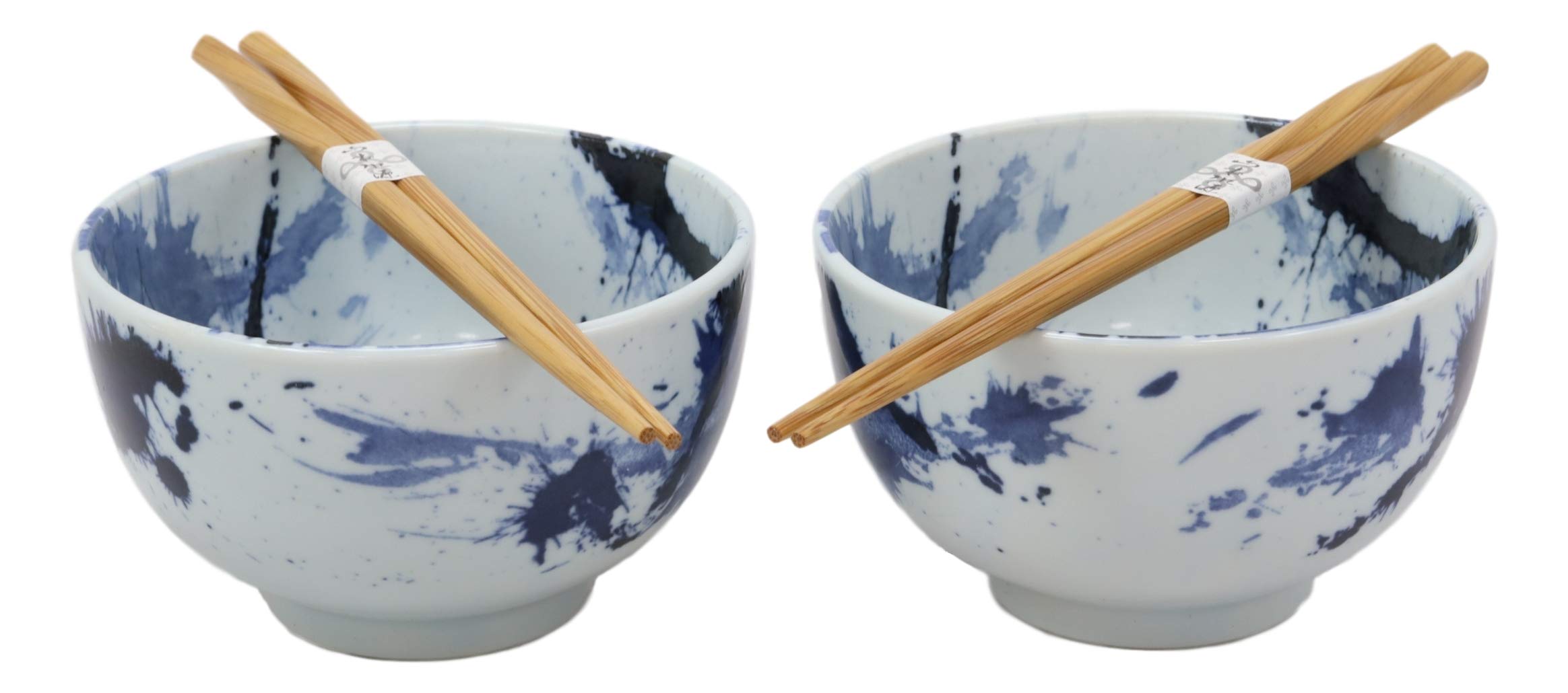 Ebros Gift Made In Japan Blue Splash Paint Abstract Art Design Porcelain Bowls With Bamboo Chopsticks Set Of 2 For Salad Ramen Pho Soup Cereal Home Kitchen Decorative Japanese Artistic Bowl