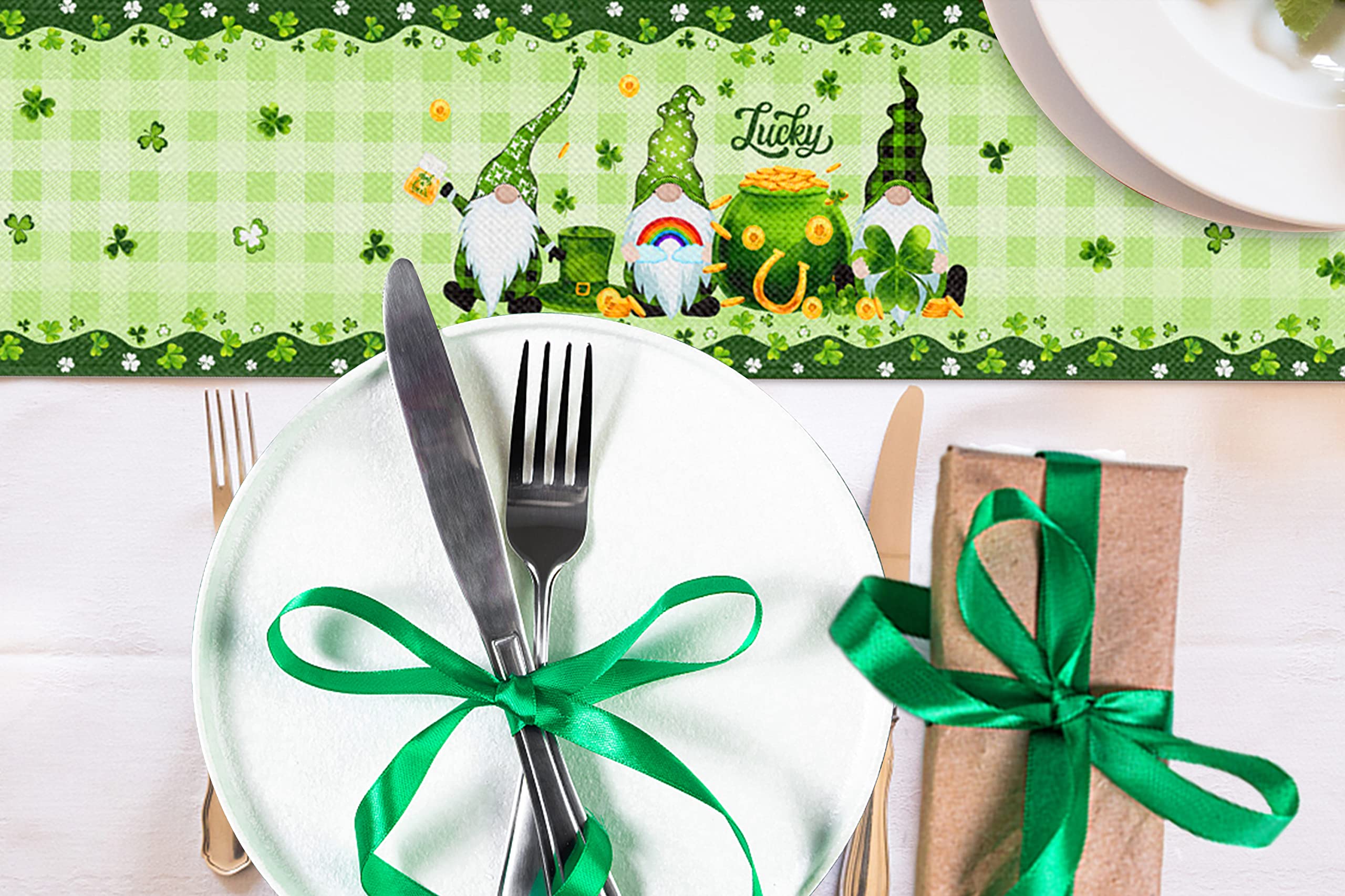 Flyart St Patricks Day Table Runner, Gnomes Spring Green Shamrock Decorations for St. Patrick's Day Party Holiday, St Patricks Day Decorations for Kitchen Dining Table Decor Home Decorr (13x72 inch)