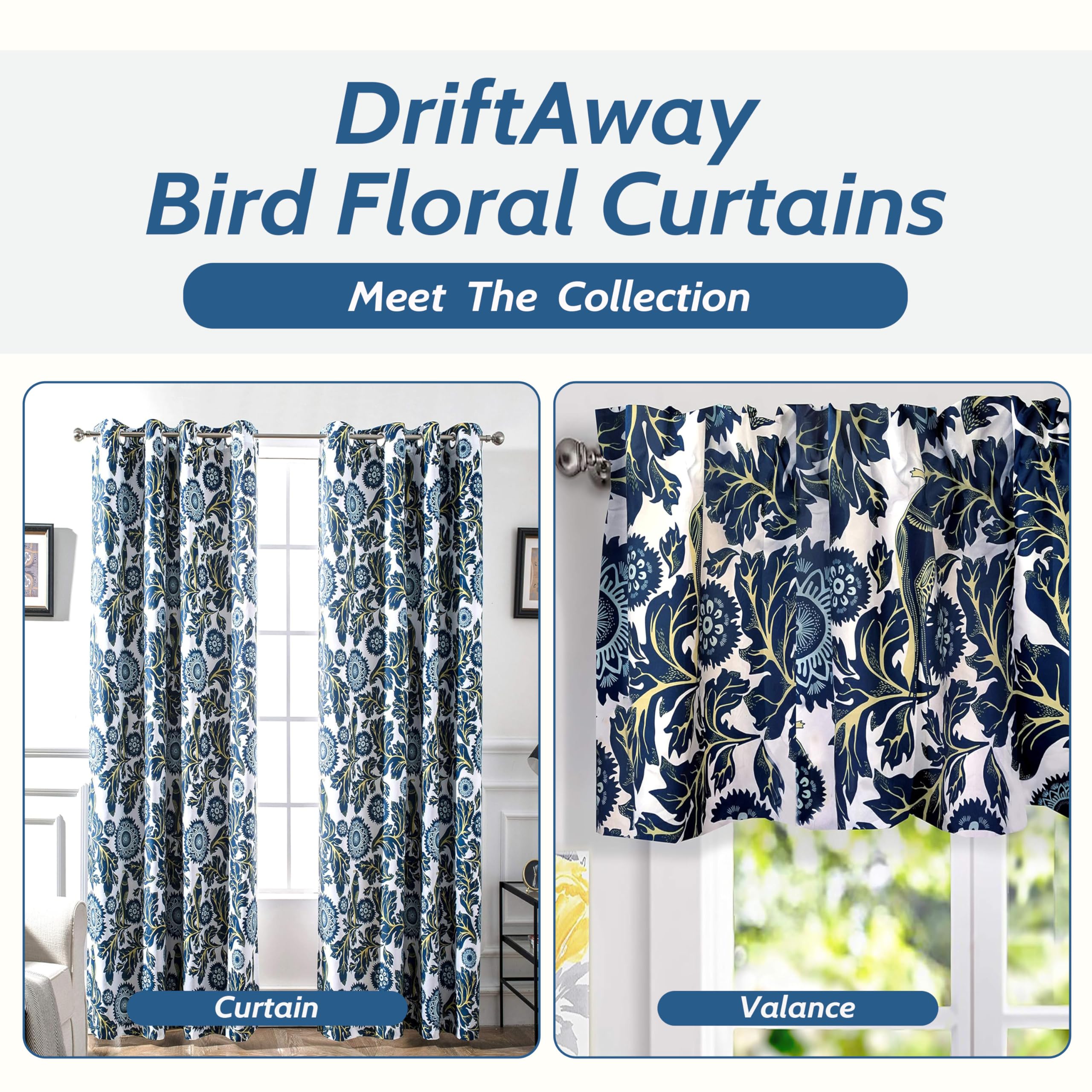 DriftAway Bird Tree Floral Flower Leaf Lined Thermal Insulated Energy Saving Window Curtain Valance for Living Room Bedroom Kitchen 2 Layer Rod Pocket 52 Inch by 14 Inch Plus 2 Inch Header Navy