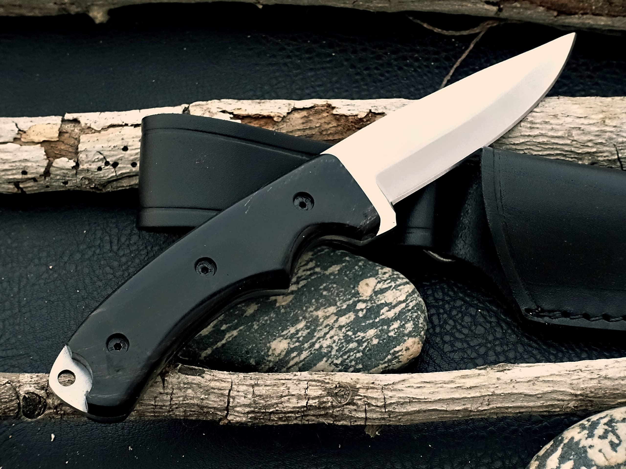 D2 Hunting Knife Skinner knife Fixed Blade Knife 8 1/2'' Overall Buffalos Horn Handle with Cow Hide Leather Sheath BW-4149