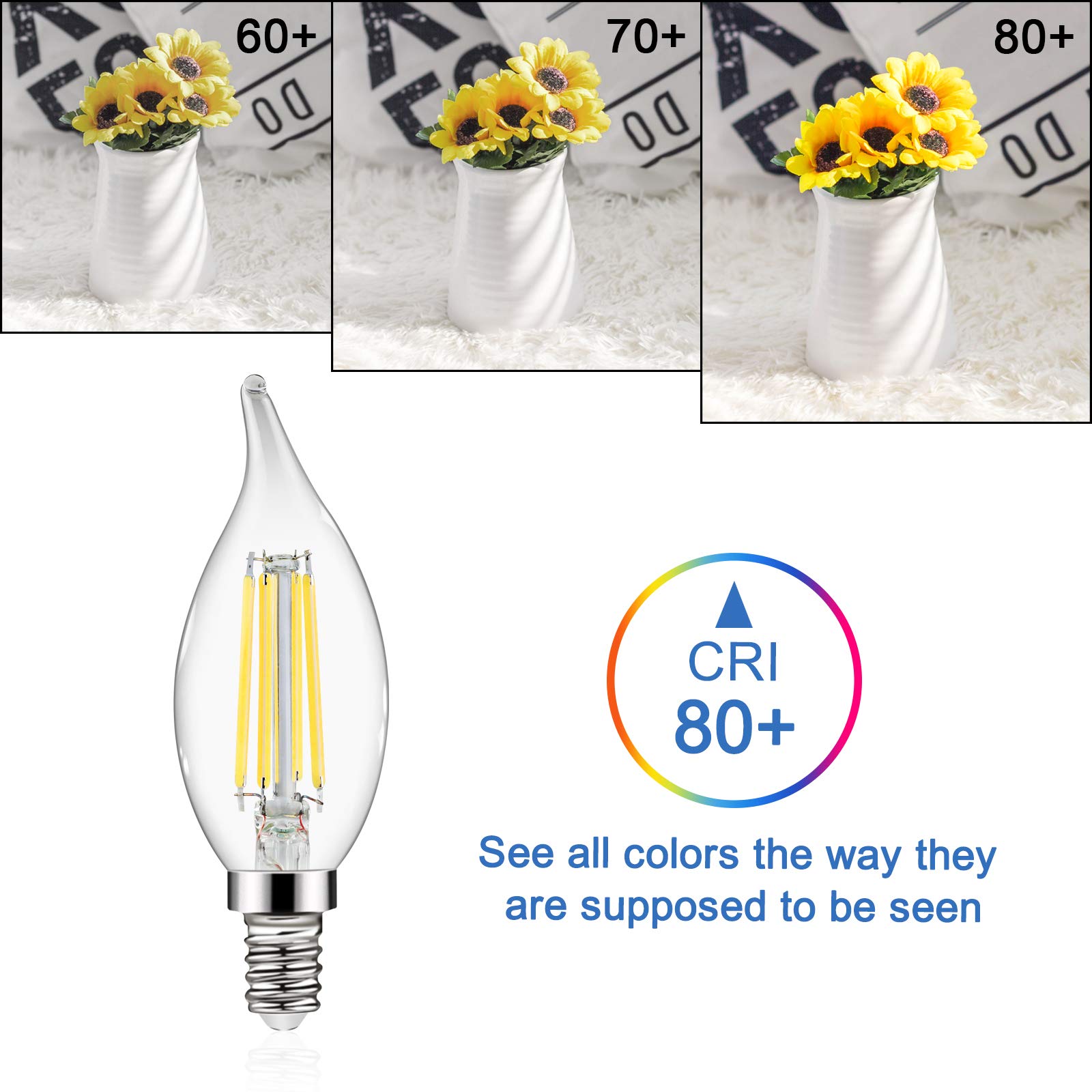 Defurhome E12 Candelabra Bulbs, 5W, Equivalent 60W, 550LM, Flame Tip, Daylight White 5000K, Non-Dimmable, Chandelier Candle Base, Decoration Clear Glass Light Bulbs, Pack of 6