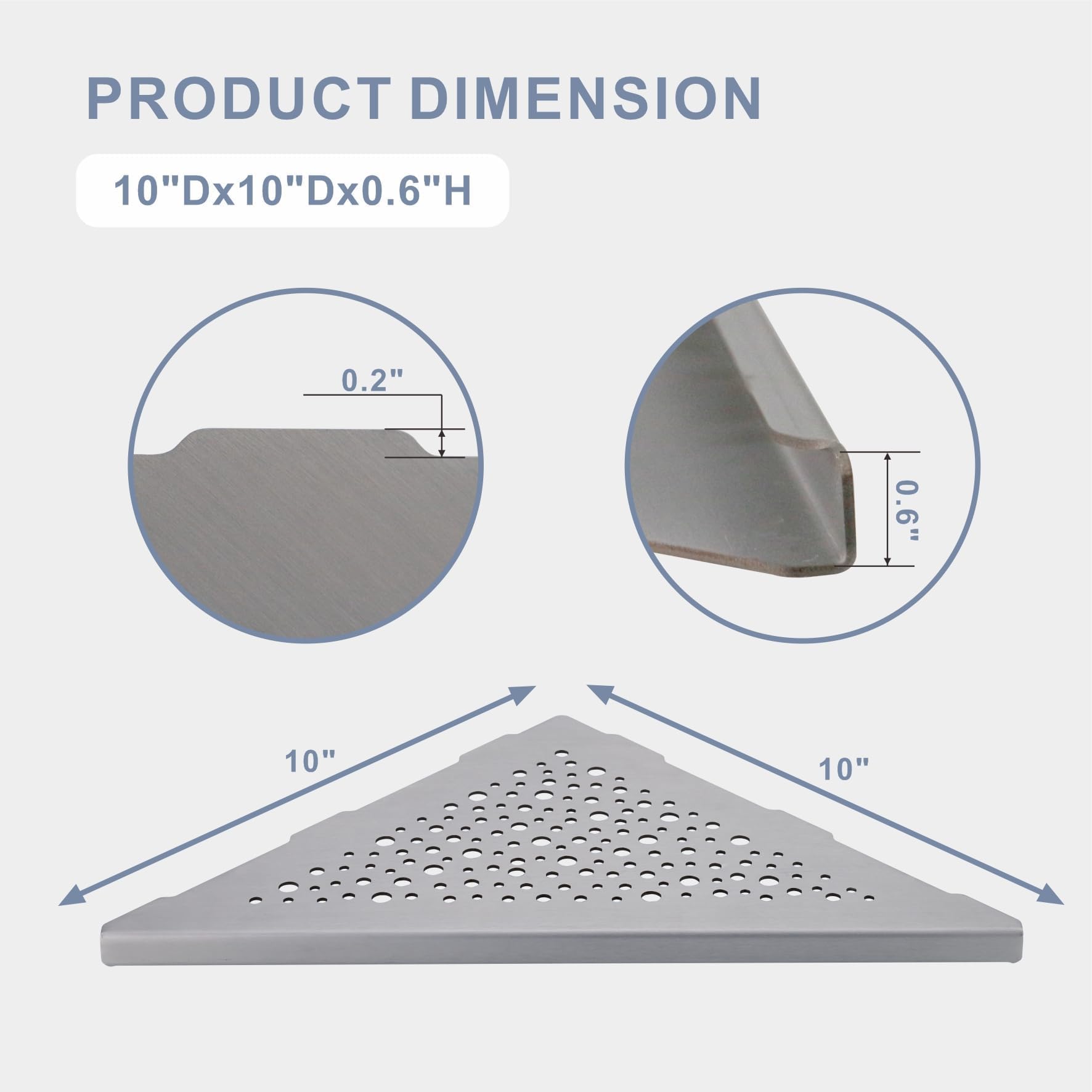 HIDROP Brushed Nickel Corner Shower Shelf 10" Triangular Corner Shelf Stainless Steel Bathroom Shelf for Tiled Wall, 2 Pack Shower Corner Shelf, No Drilling