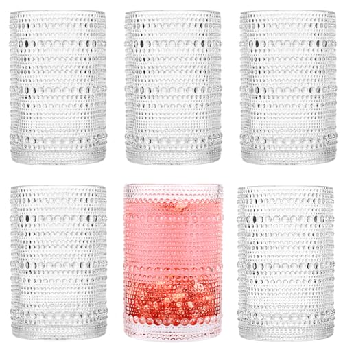 Dingerjar Hobnail Drinking Glasses set of 6(13 oz) Hobnail Water KItchen Glassware, Embossed Vintage Juice Glasses Tall Bar Drinkware