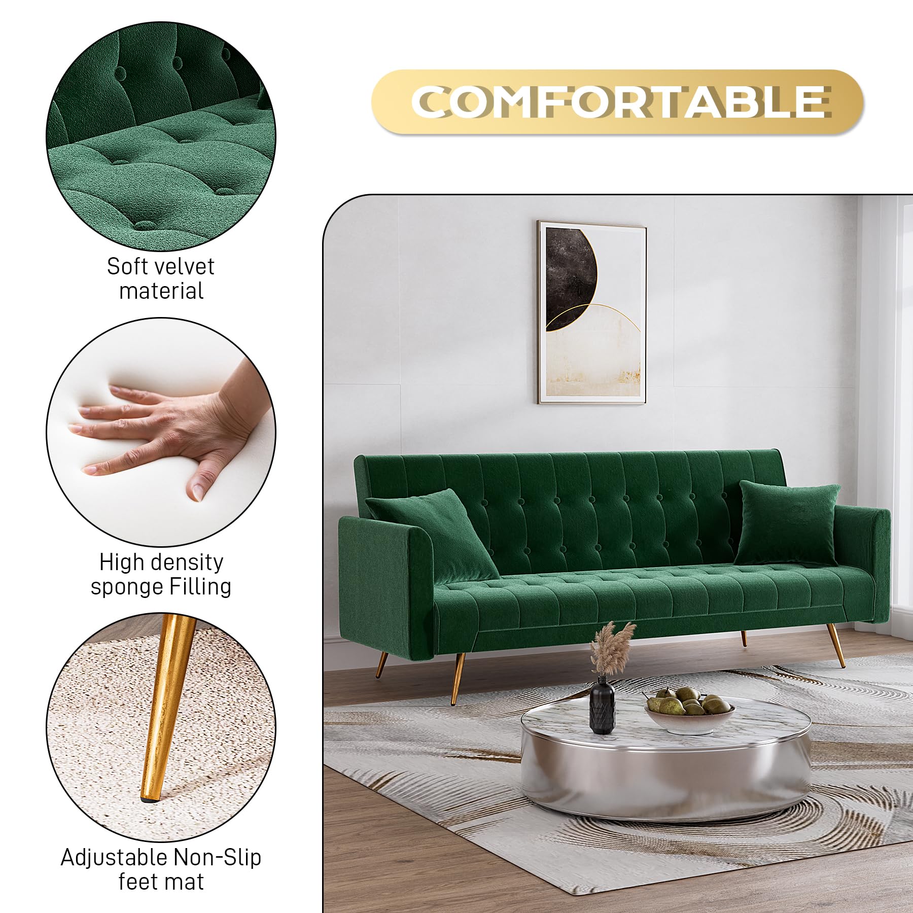 OUYESSIR Velvet Futon Sofa Bed, Convertible Futon Couch, Sturdy Sleeper Sofa in 71 inch, Small Futon Sofas (Green)