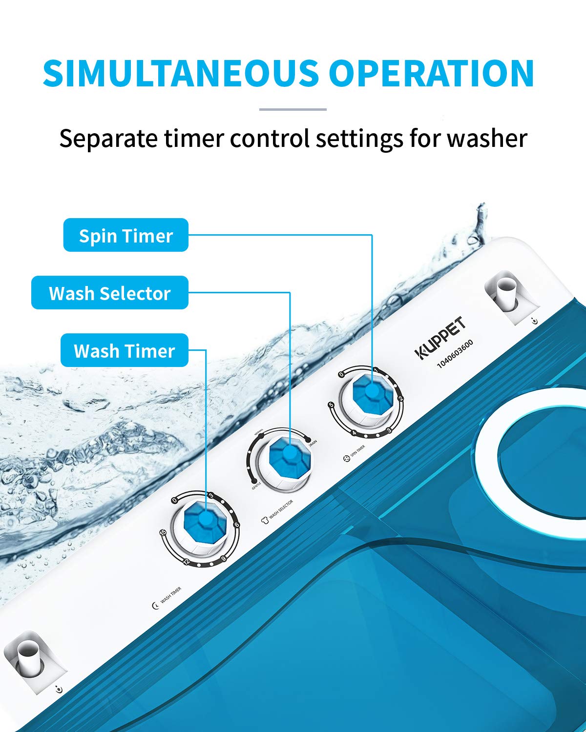 KUPPET Compact Twin Tub Portable Mini Washing Machine 26lbs Capacity, Washer(18lbs)&Spiner(8lbs)/Built-in Drain Pump/Semi-Automatic (White&Blue)
