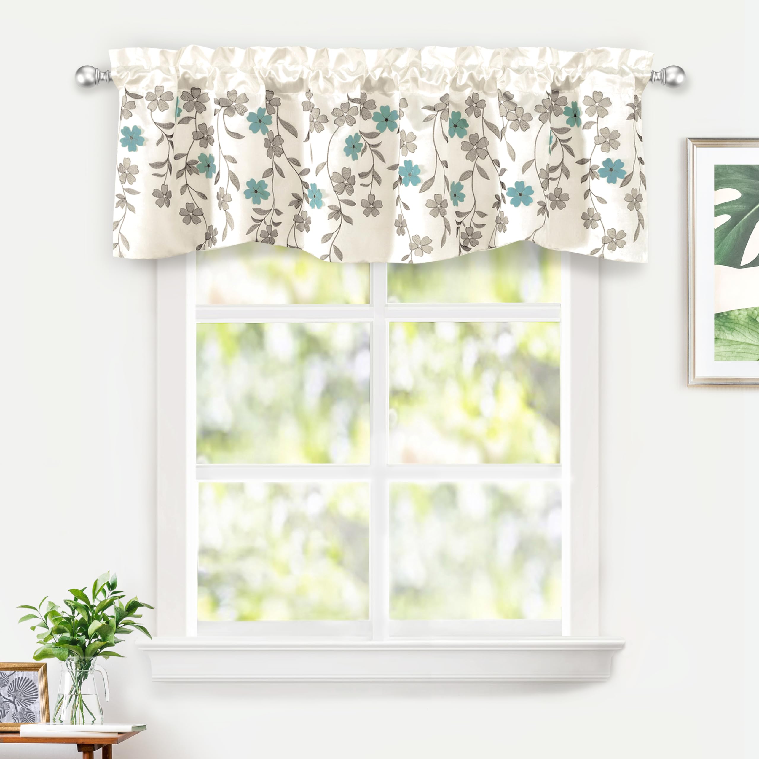 DriftAway Isabella Faux Silk Embroidered Kitchen Swag Valance Embroidered Crafted Flower 2 Pack 60 Inch by 18 Inch Plus 1.5 Inch Header Ivory Blue