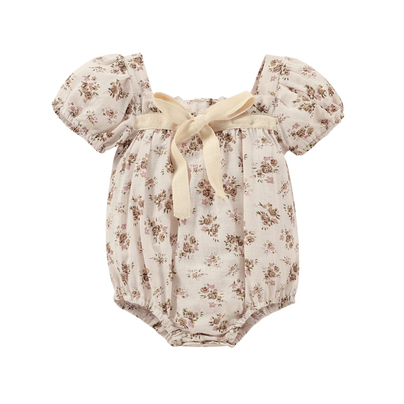 Kupretty Newborn Baby Girl Cotton Summer Clothes Vintage Floral Romper Square Neck Short Sleeve Bodysuit Jumpsuit (Beige, 3-6 Months)