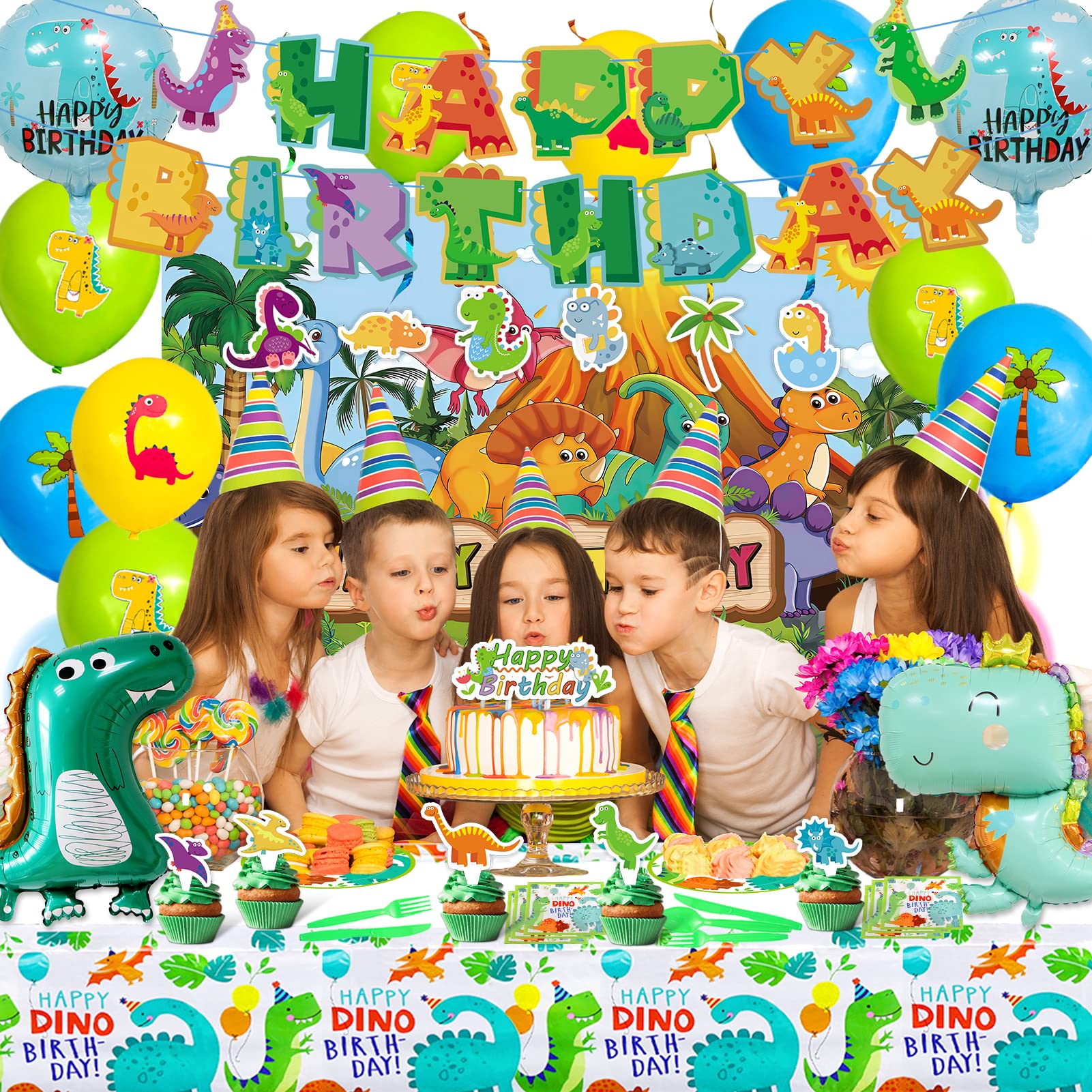 Dinosaur Birthday Party Supplies - Dinosaur Party Decorations Include Banner, Backdrop, Tableware, Cake Toppers, Balloons, Hanging Swirls, Dinosaur Style Party Supplies