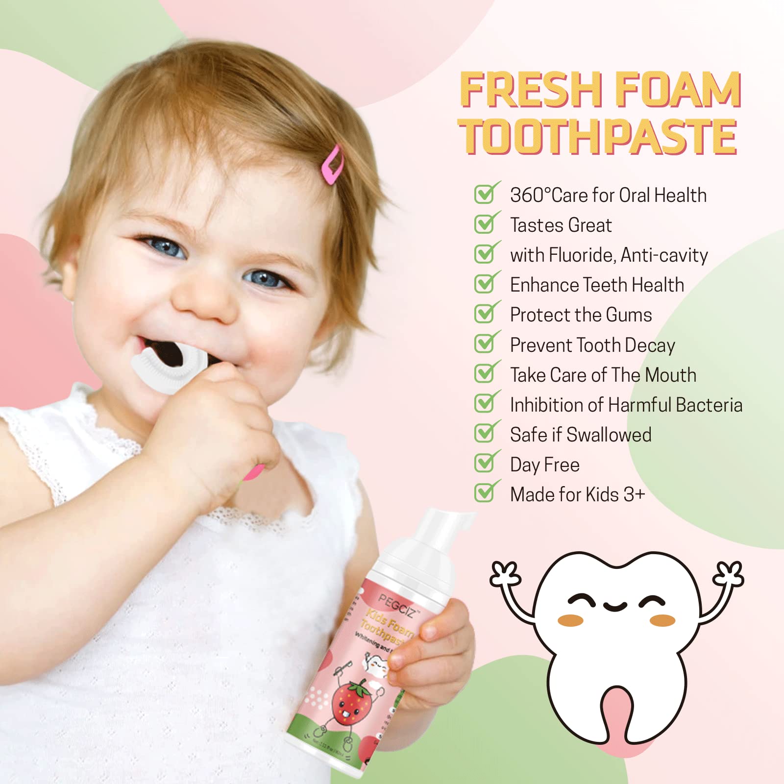 Foam Toothpaste Kids with Low Fluoride & U-Shaped Toothbrush Combo Pack,Manual Toothbrush with Food Grade Soft Silicone Head,360° Oral Teeth Clean Design Ages 2-6,Strawberry Flavor