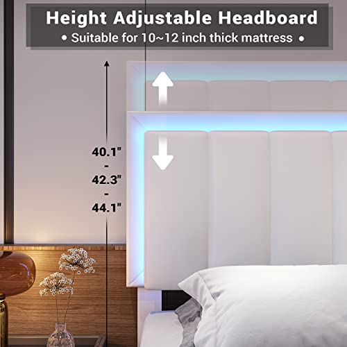 Hasuit Queen Bed Frame with 4 Storage Drawers, LED Light Queen Size Platform Bed with Charging Station, Artificial Leather Upholstered Bed with Adjustable Headboard, No Box Spring Needed