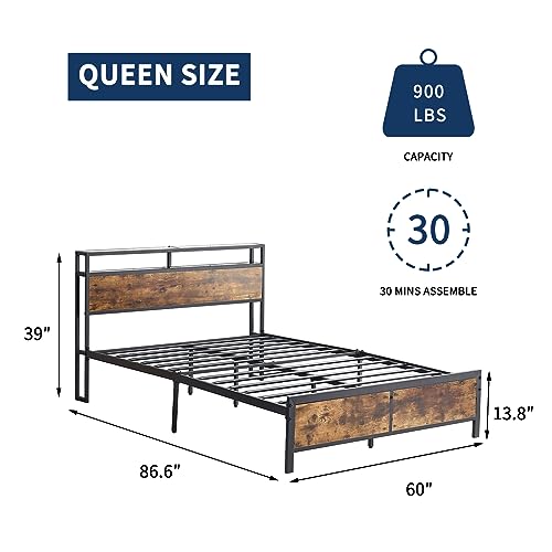 Modern Industrial Bed Frame with LED Lights,2-Tier Storage Headboard with Charging Station,Industrial Metal Platform LED Bed Frame with Outlets and USB Ports,Noise Free,No Box Spring Needed