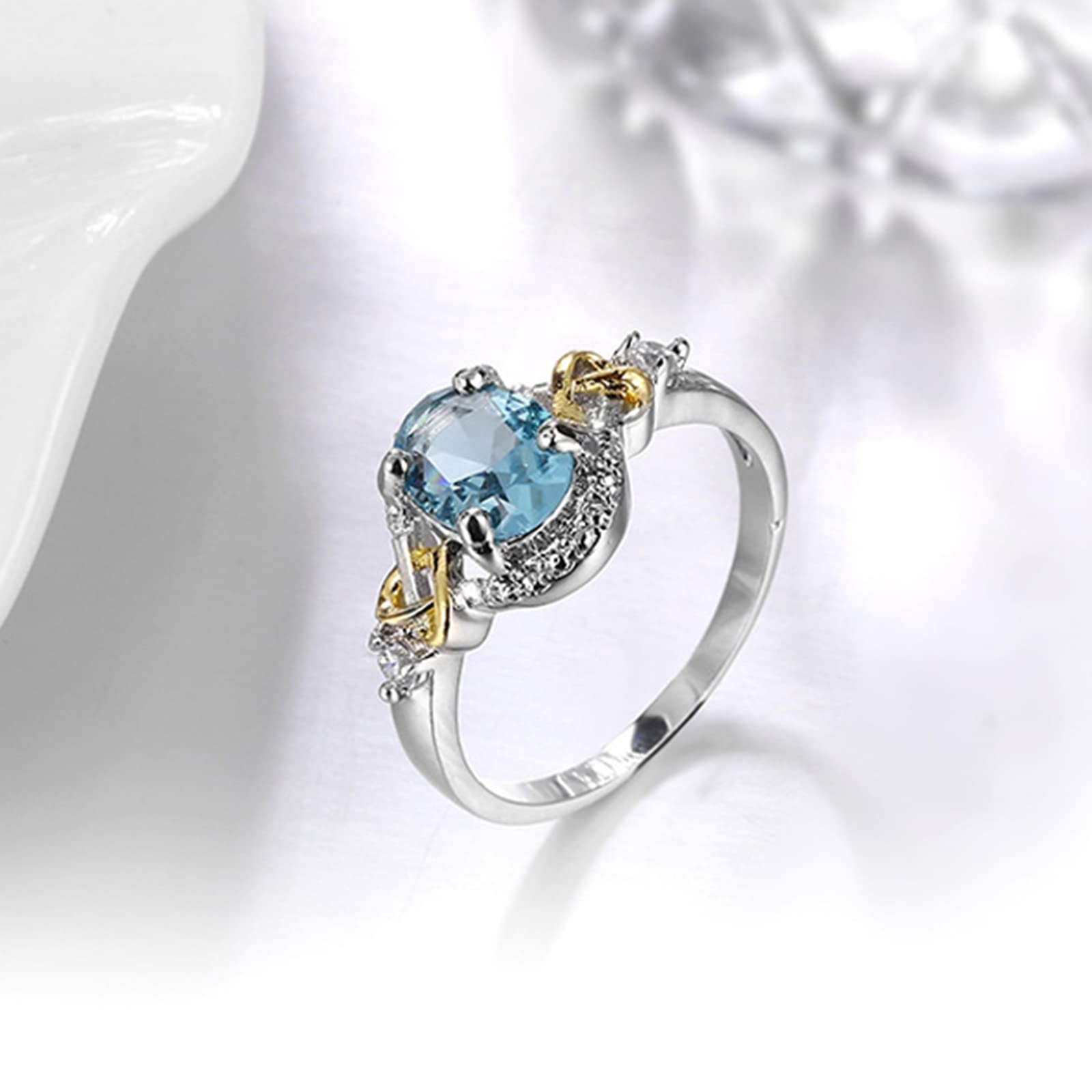 Daesar Womens Engagement Rings, 18K White Gold Plated Ring For Women Oval Blue Cubic Zirconia Wedding Ring Knot Heart Ring Size 7
