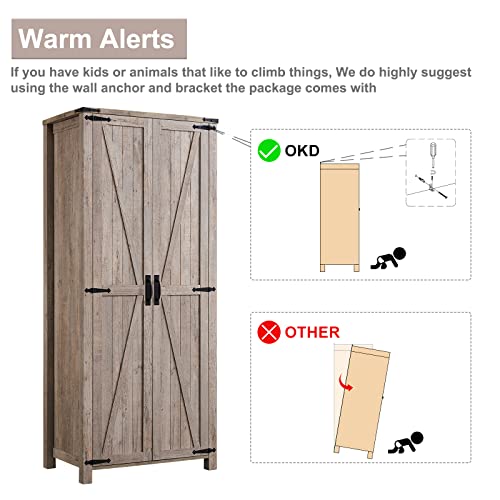 OKD Storage Cabinet, 32'' Farmhouse Armoire w/Adjustable Shelves, Rustic Pantry w/2 Barn Doors & Hanging Rod, Versatile Storage for Kitchen, Bathroom, Laundry, or Utility Room, Light Rustic Oak