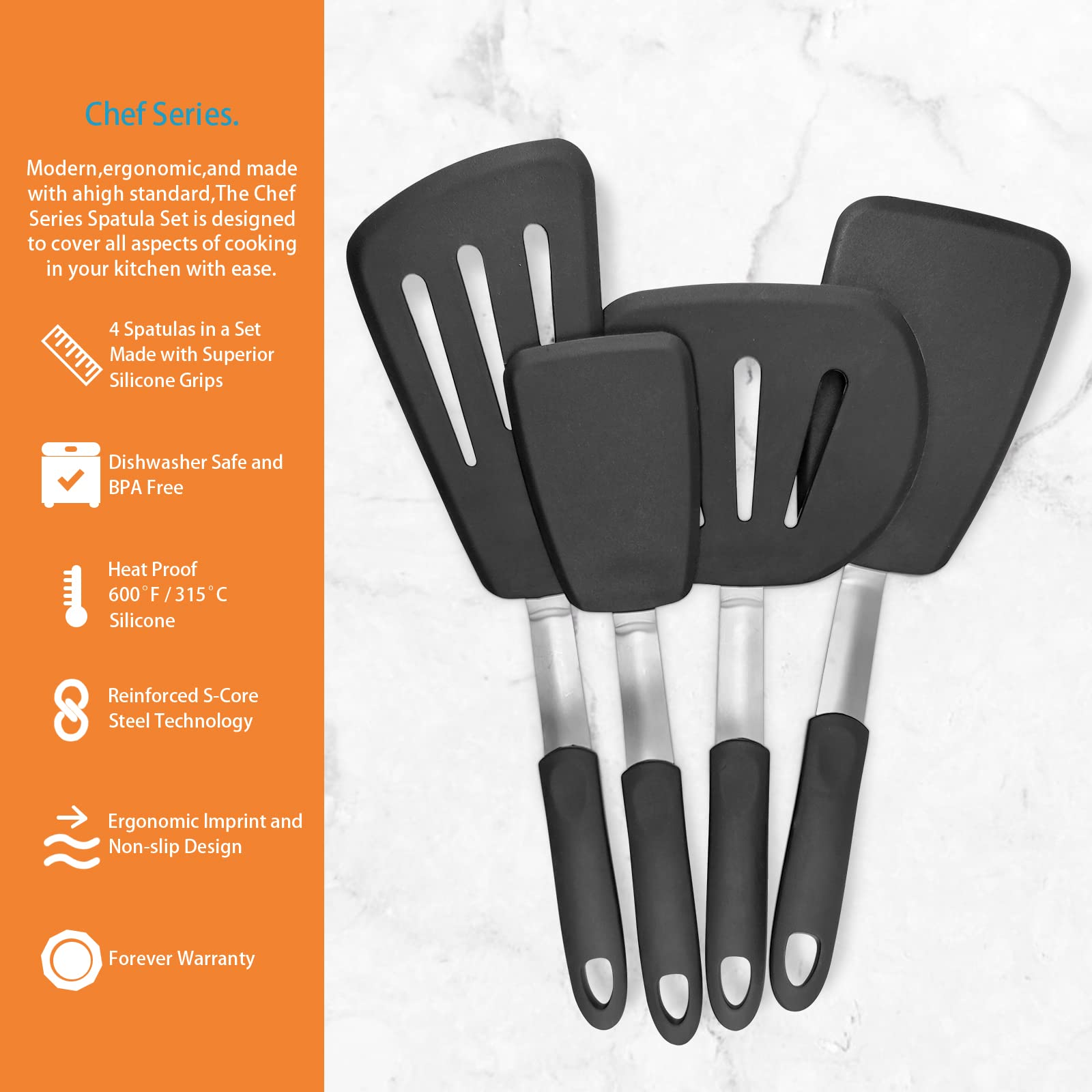 Daily Kitchen Utensil Set Silicone,Heat Resistant Cooking Utensils for Non Stick Cookware Spatula and Spoons Set Kitchen Tools for Baking Frying 4-Piece Set(Black)