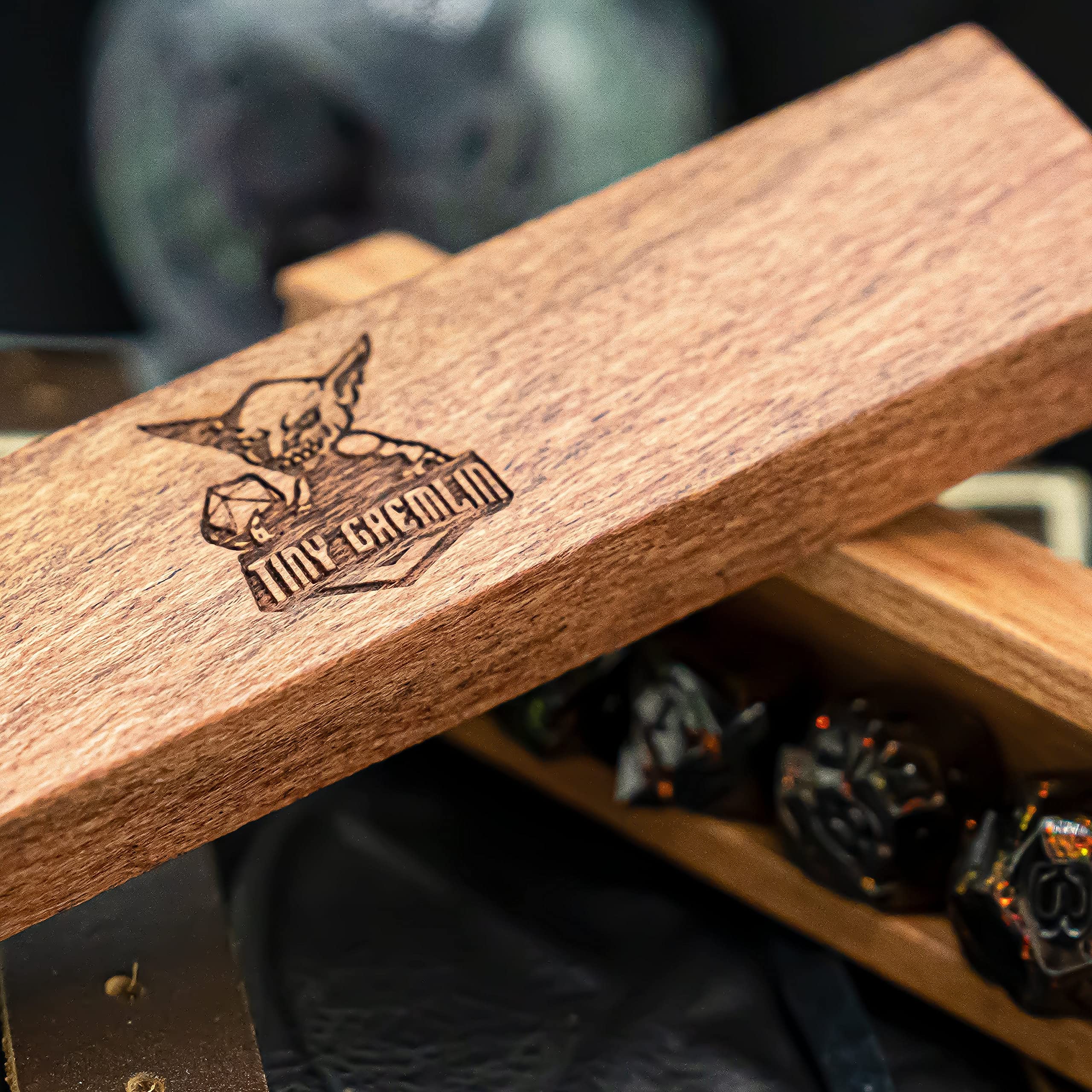 TINY GREMLIN – Cherry Wood Single Set Dice Storage Case with Magnetic Lid - Box Holds 7 Polyhedral (Metal, Resin, or Plastic) Dungeons and Dragons (DND-D&D) Role Playing Games (RPGs) Pathfinder etc.