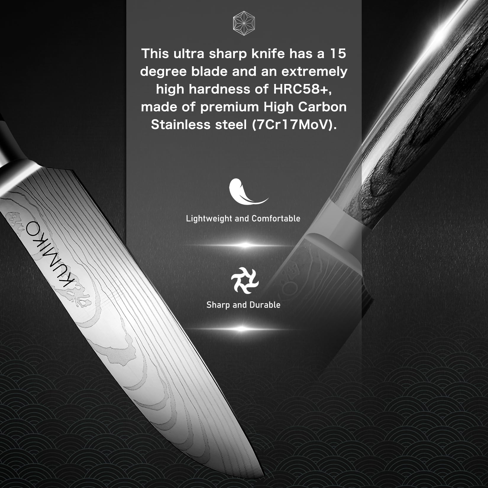 KUMIKO Kitchen Knife Set Black, Cooking Knife Set Professional, Ultra Sharp High Carbon Stainless Steel Knives (7Cr17MOV), 5 Piece Knife Set