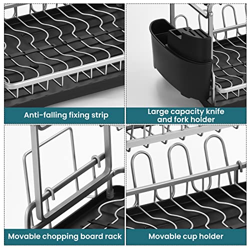 Dailyart Dish Racks for Kitchen Counter Aluminum 2-Tier Dish Drying Rack with Drainboard,Large Capacity 6-in-1 Dish Rack with 360°Swivel Spout, Never Rust Compact Detachable Dish Drainer, Gray