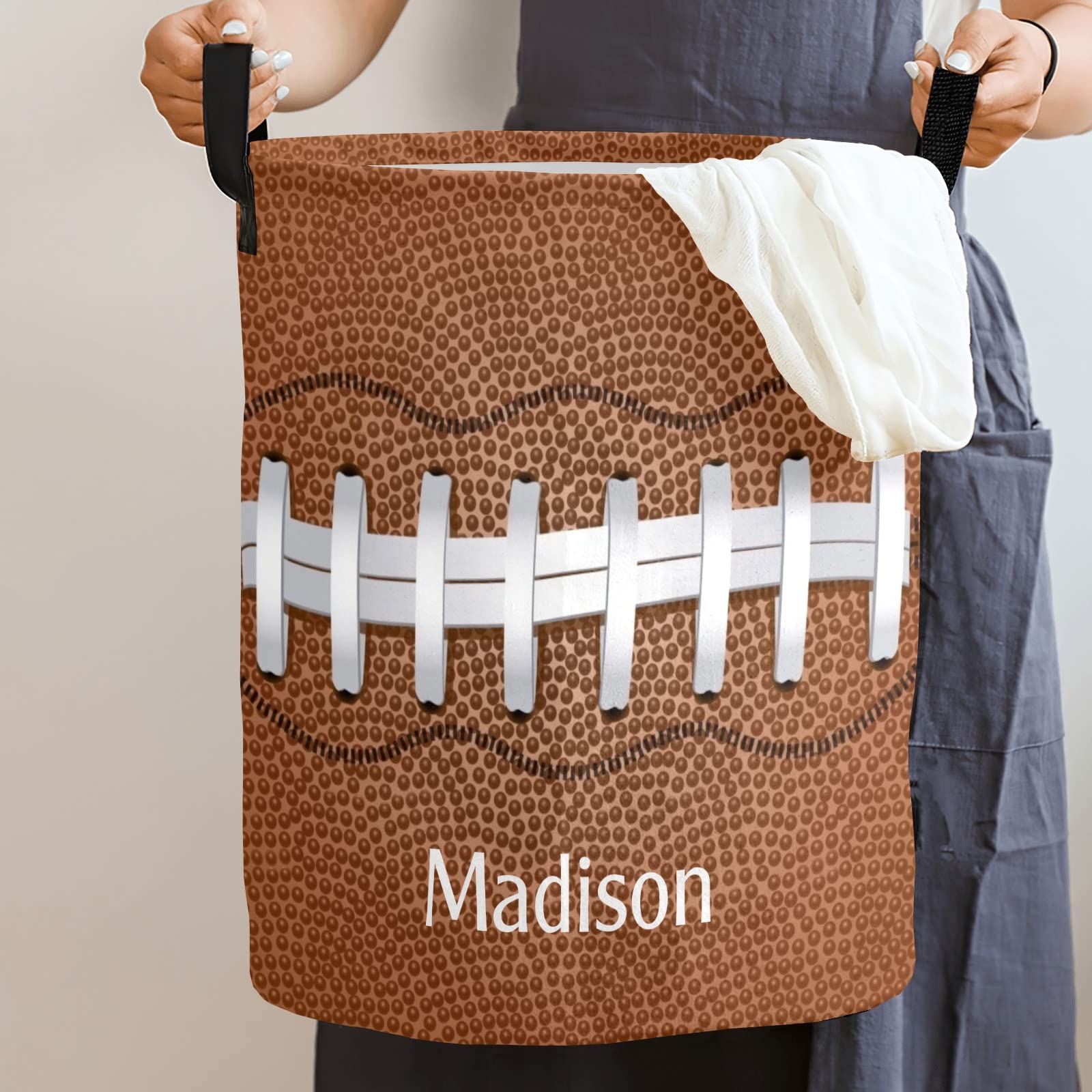 Football Laces Personalized Laundry Hamper,Custom Name Collapsible Waterproof Laundry Basket Storage Bins with Handle for Clothes,Toy,Nursery