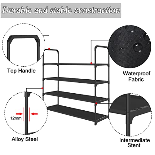 Hockmez Stackable Shoe Rack Organizer 4 Tiers, Expandable & Adjustable Non Woven Fabric Shoe Shelf Storage 12-16 Pairs for Closet Bedroom Entryway (Black)