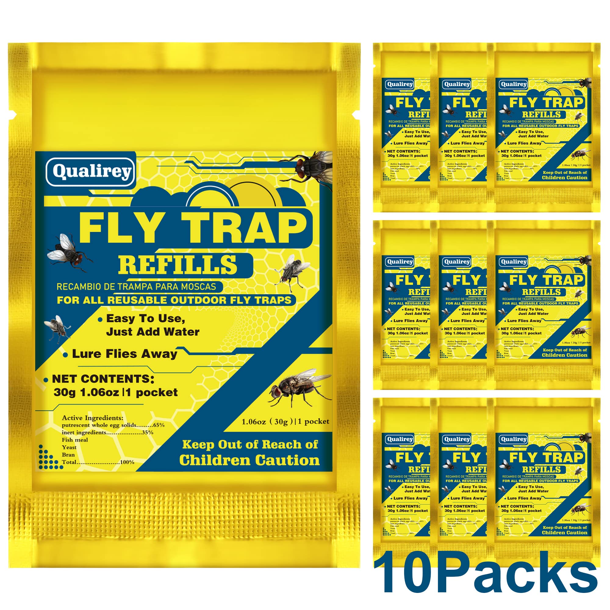 Qualirey 10 Pack Fly Trap Bait Refills, Non Toxic Fly Trap Attractant for Reusable Outdoor Hanging Fly Trap Bottles, 30g Natural Fly Trap Bait Attractant Refills for Outside Fly Killer Bottles