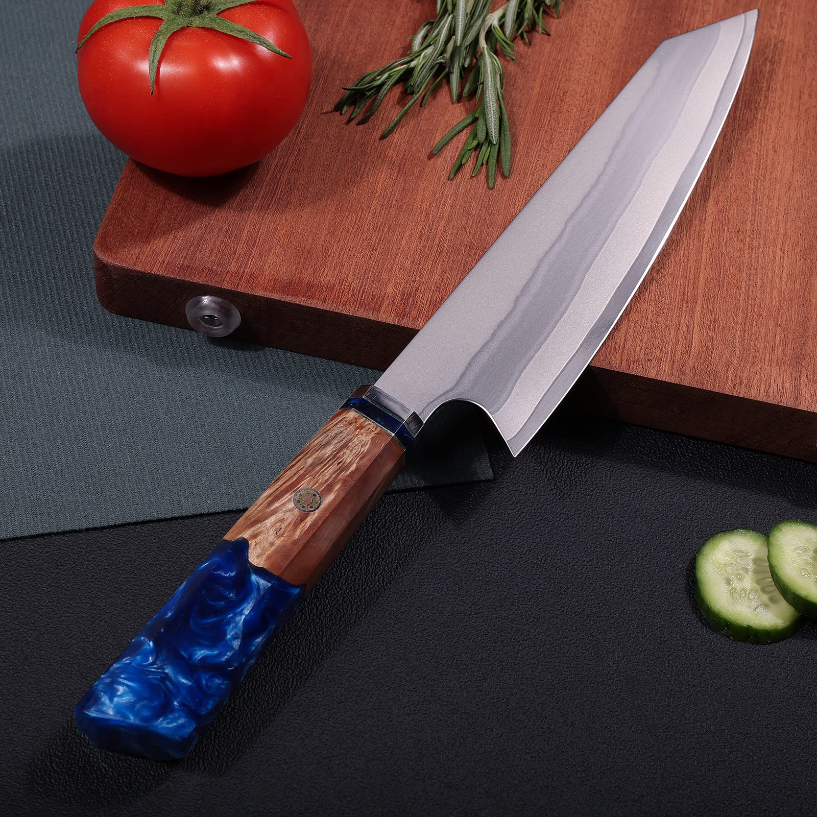 Fukep Japanese Chef Knife, Chef Knife 8 Inch - Carbon Steel 440c with Attractive Blue Resin Handle, Super High Cost-Performance Kiritsuke Knife with Sheath