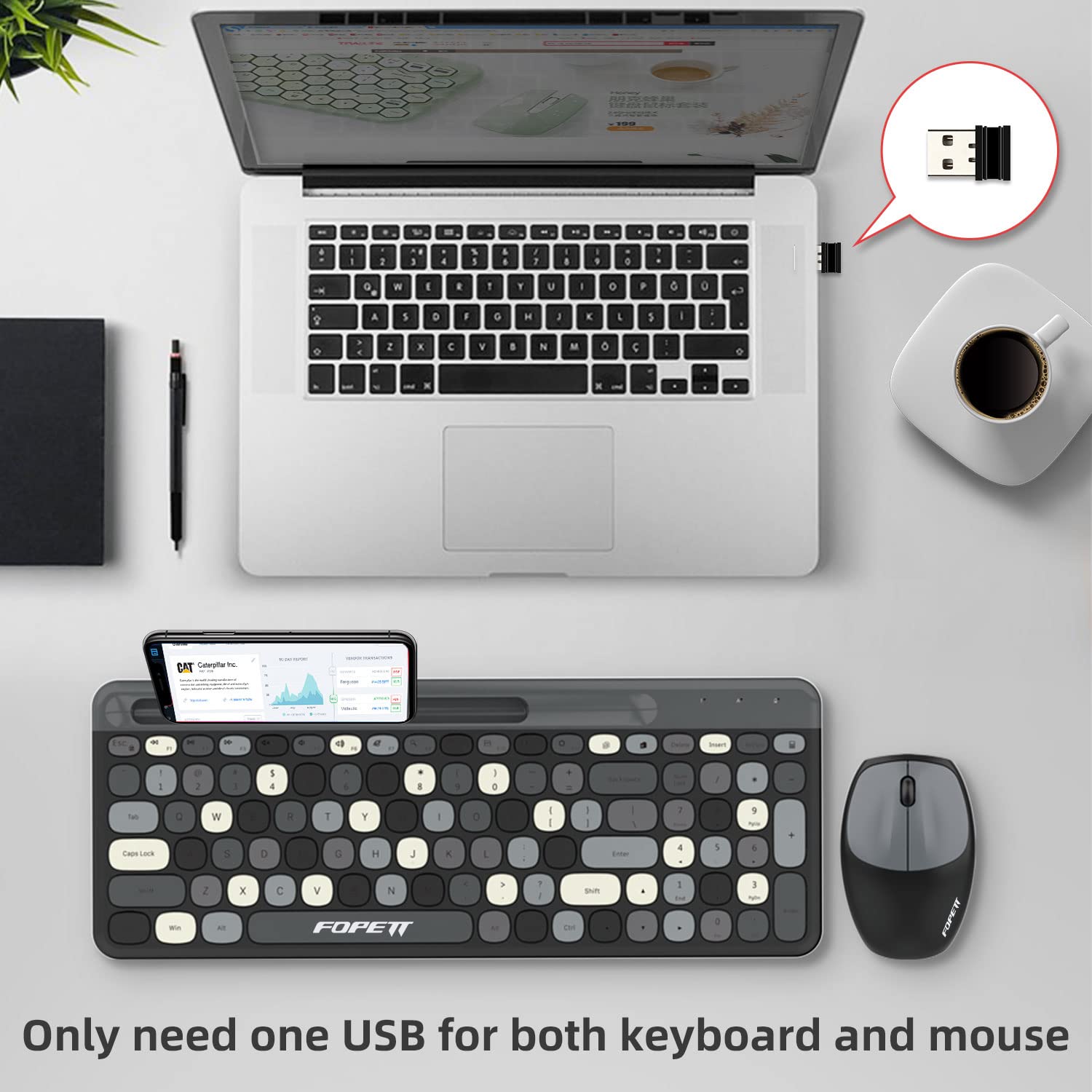 FOPETT Keyboard and Mouse Sets Wireless Keyboard and Mouse Sets,Reliable 2.4 GHz Connectivity for PC,Laptop,Smart TV and More (Grey Colorful)
