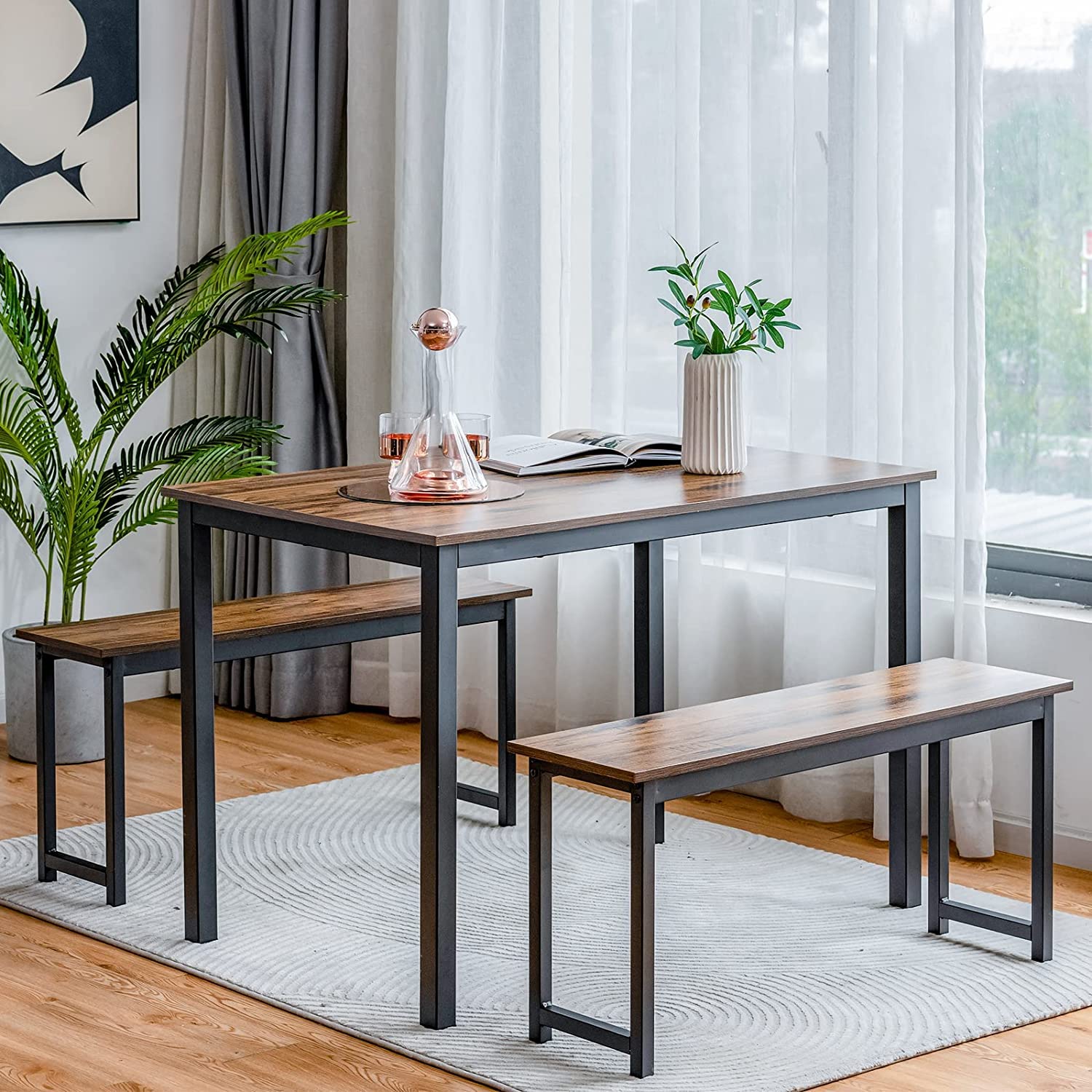 LDAILY Moccha Dining Table Set for 4, 3-Piece Modern Breakfast Table Set with 2 Benches & Metal Frame, 43.5" Wood Kitchen Table Set, Space-Saving Dinette Set for Small Spaces, Dining Room, Natural