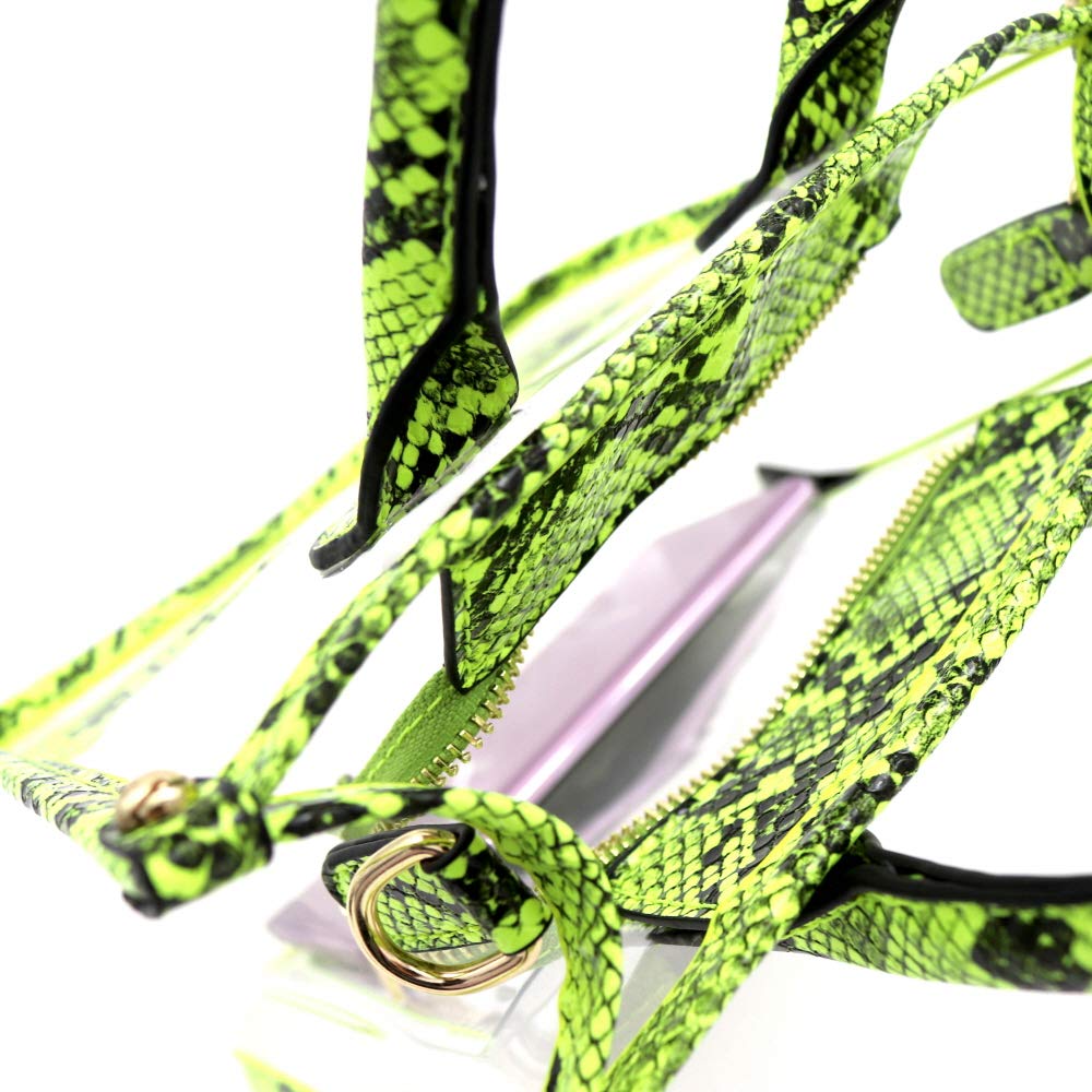 Stadium Approved Vegan Leather Snake Print Small Large Clear Tote Bag Purse (Small 2 Way Tote - Neon Yellow)