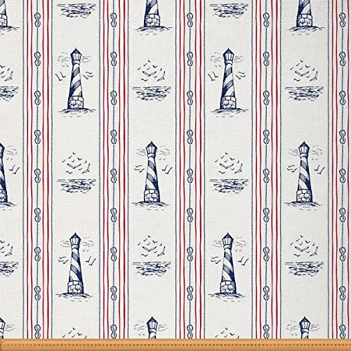 Ocean Lighthouse Fabric by The Yard, Seagull Animal Birds Upholstery Fabric, Nautical Vintage Line Print Decorative Fabric,DIY Art Waterproof Fabric,Upholstery and Home Accents, Blue Red, 2 Yards