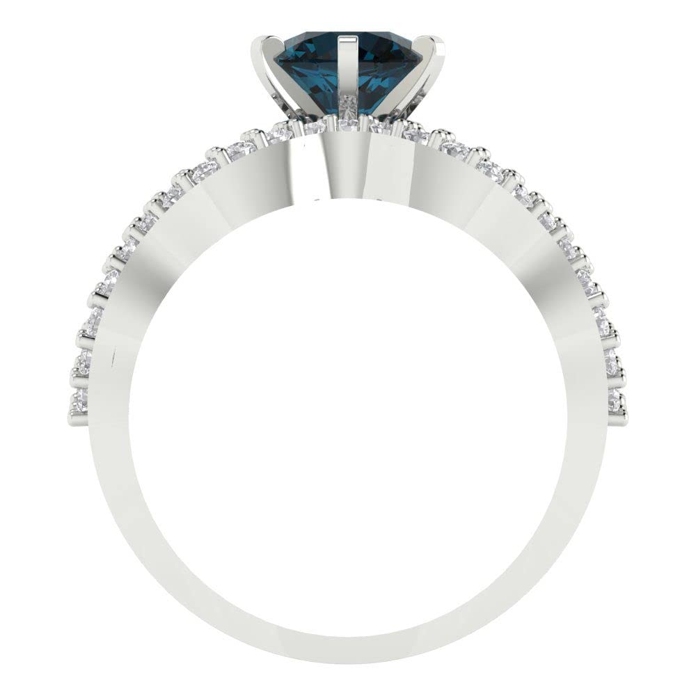 Clara Pucci 1.65ct Round Cut Laser Engraving Halo Natural London Blue Topaz Designer Statement Curved Ring Band Set 18K White Gold Size 4
