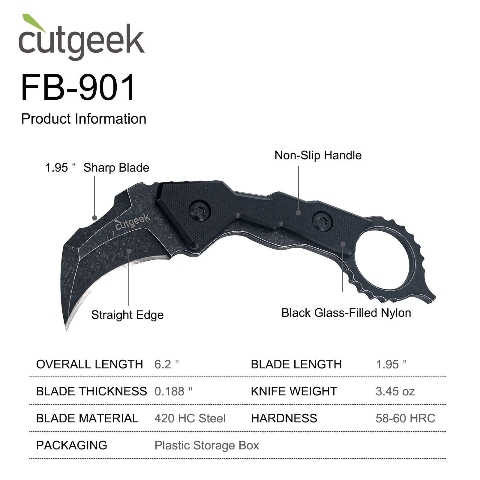 cutgeek FB-901 Fixed Blade Camping Knife with Sheath Horizontal & Vertical Knife with G10 Handle for Outdoor, Hunting, Fishing